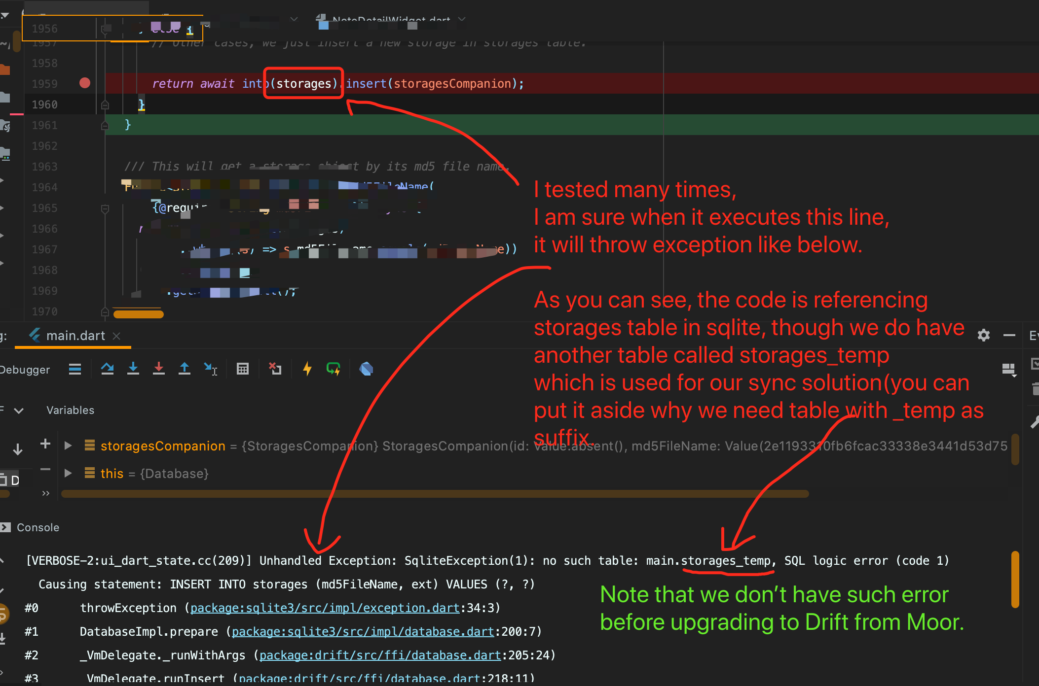 Why does't Drift reference the right table name when there is another table with _temp as suffix ...