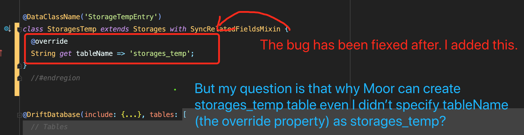 Why does't Drift reference the right table name when there is another table with _temp as suffix ...