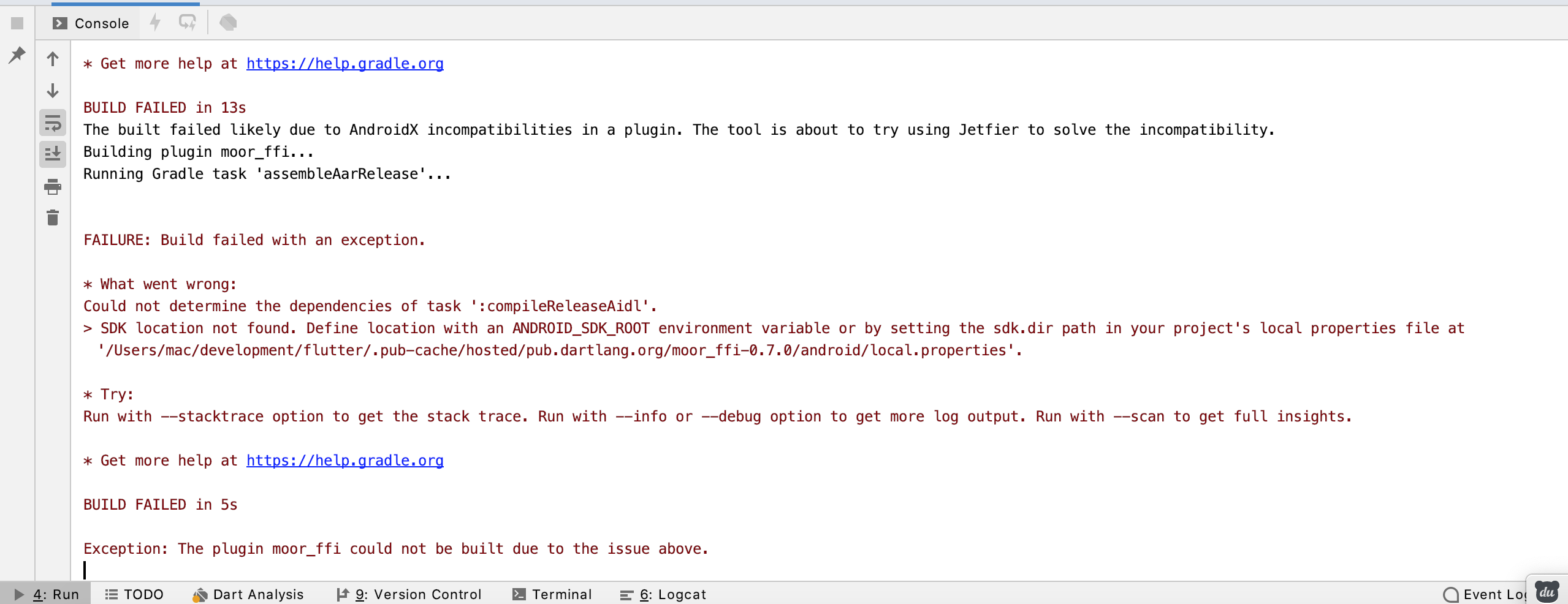 Exception: The plugin moor_ffi could not be built due to the issue above. · Issue #725 ...