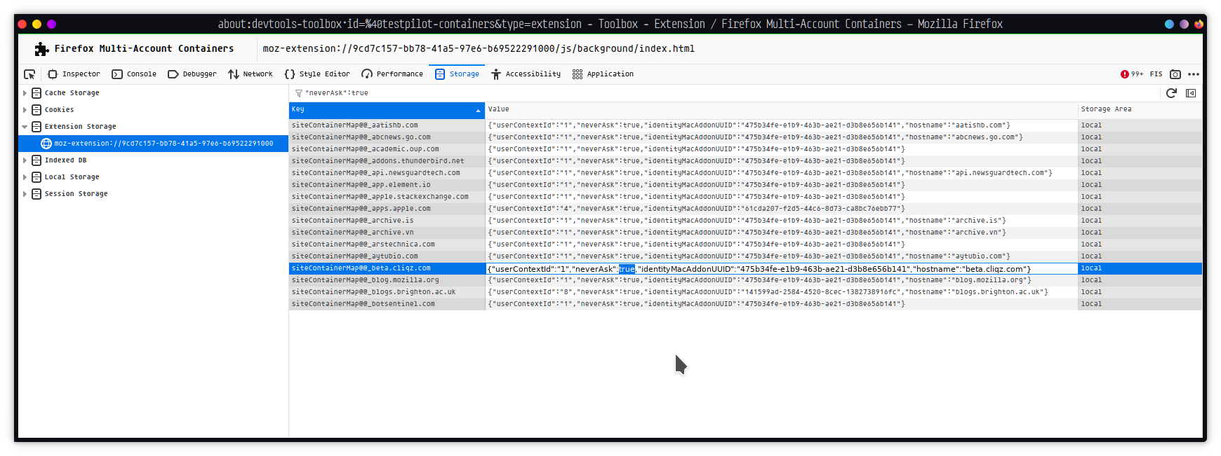 Extension storage: the about:devtools-toolbox view of keys and values is often incomplete ...