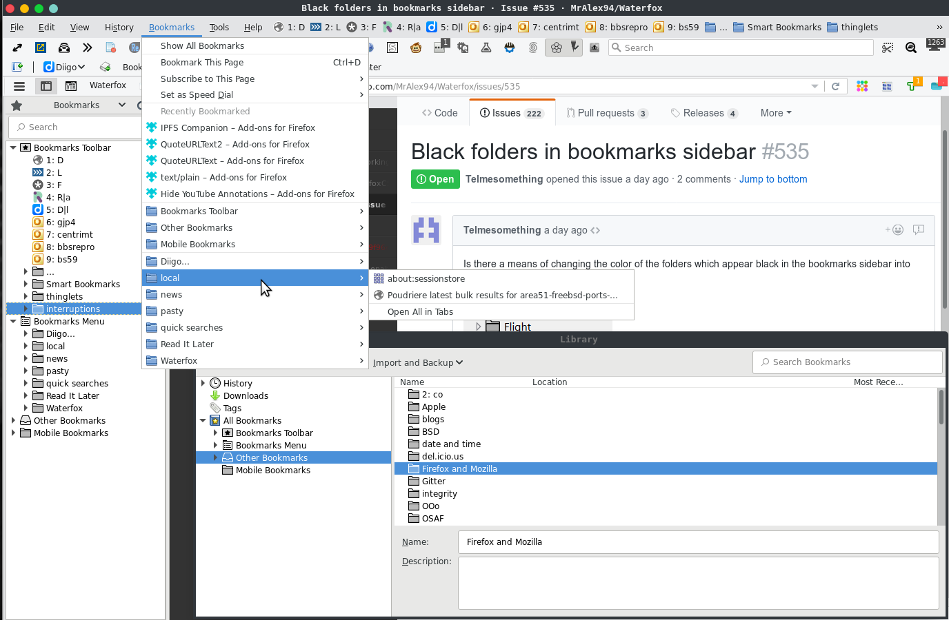 Black folders in bookmarks sidebar · Issue #535 · BrowserWorks/Waterfox ...