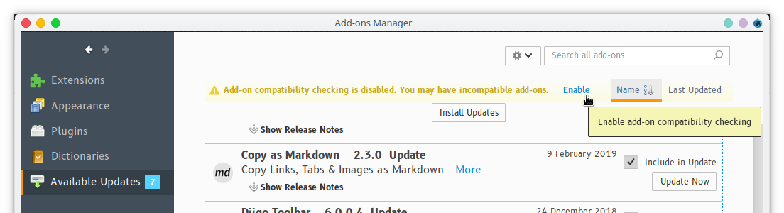 Non-functional 'Enable' button and misleading yellow alert at about:addons · Issue #878 ...