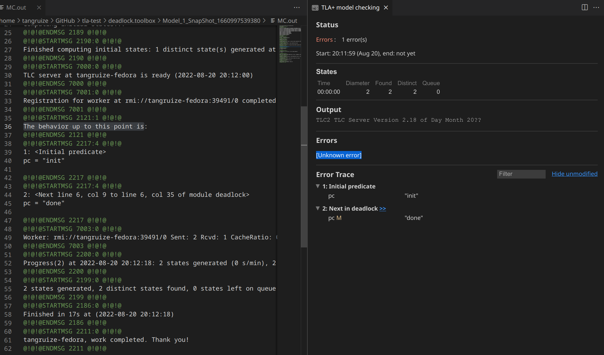 TLC distributed mode does not report deadlock error type, but only shows error traces · Issue ...