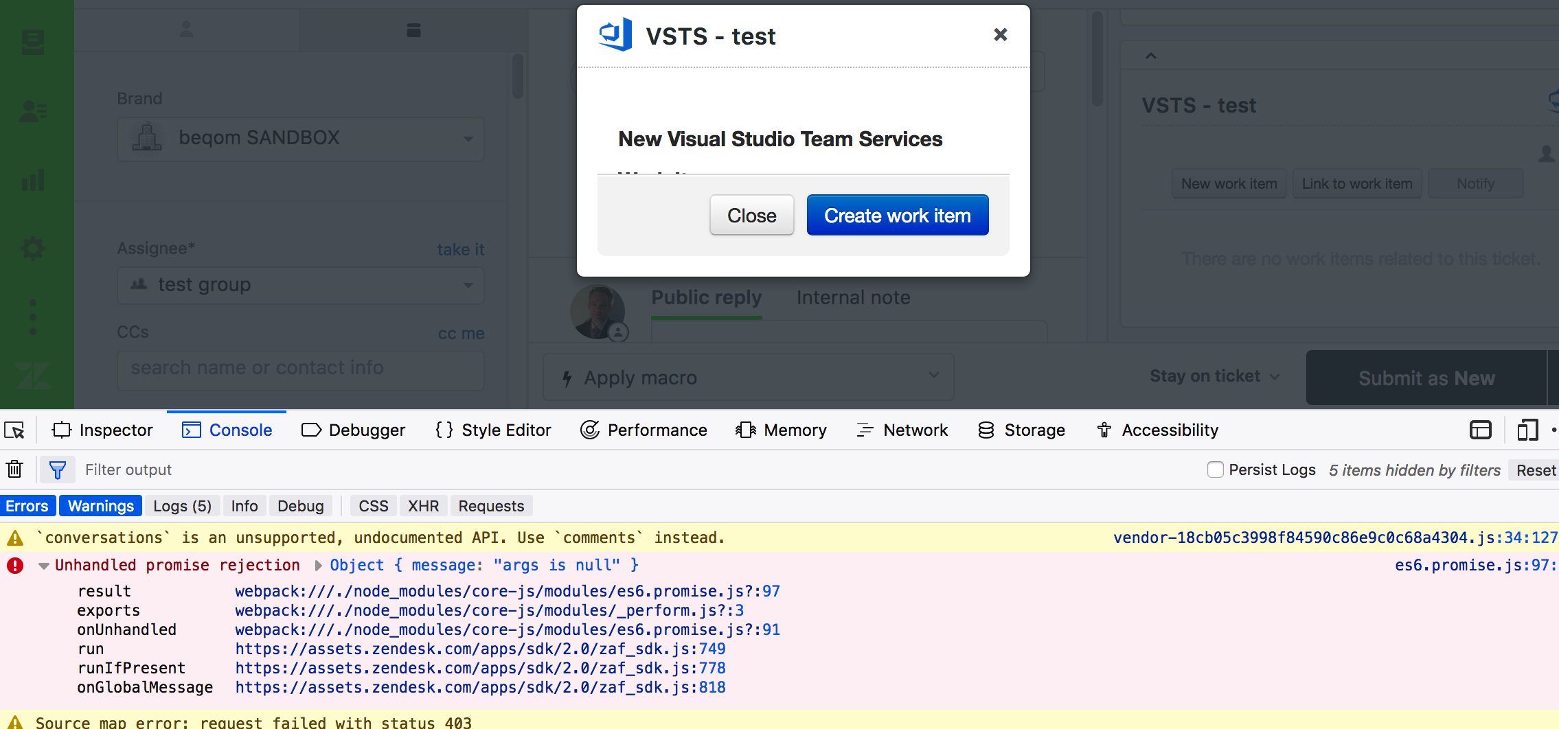 Args Is Null When I Try To Create A Workitem · Issue 73 · Microsoft Vsts Zendesk App · Github