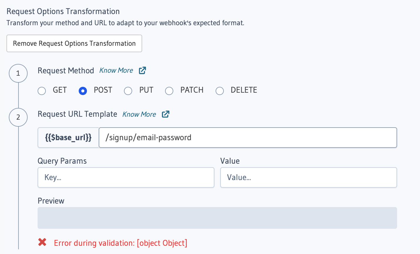 "Error during validation:" when defining action request transform using env var for "Webhook ...