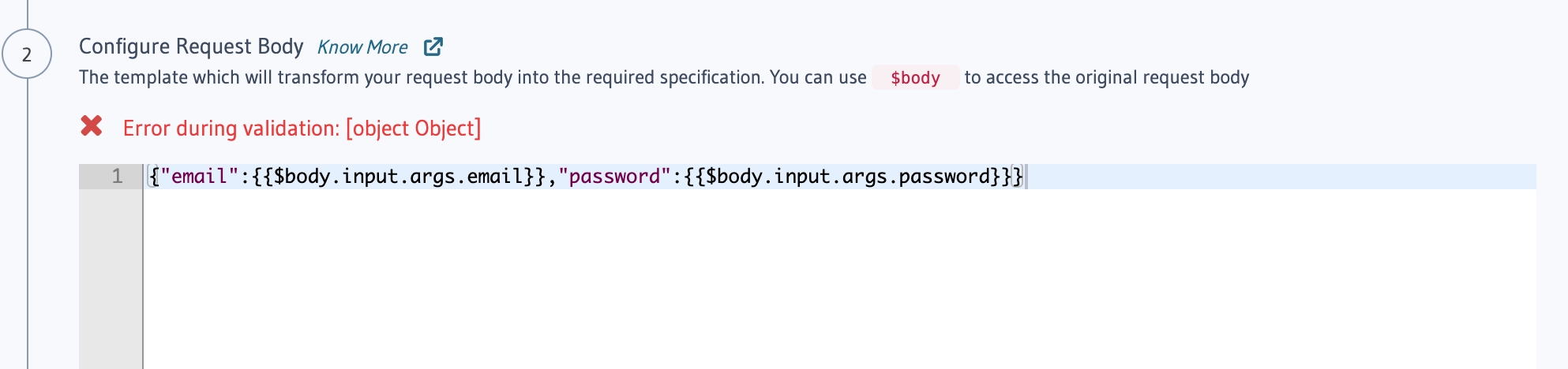 "Error during validation:" when defining action request transform using env var for "Webhook ...