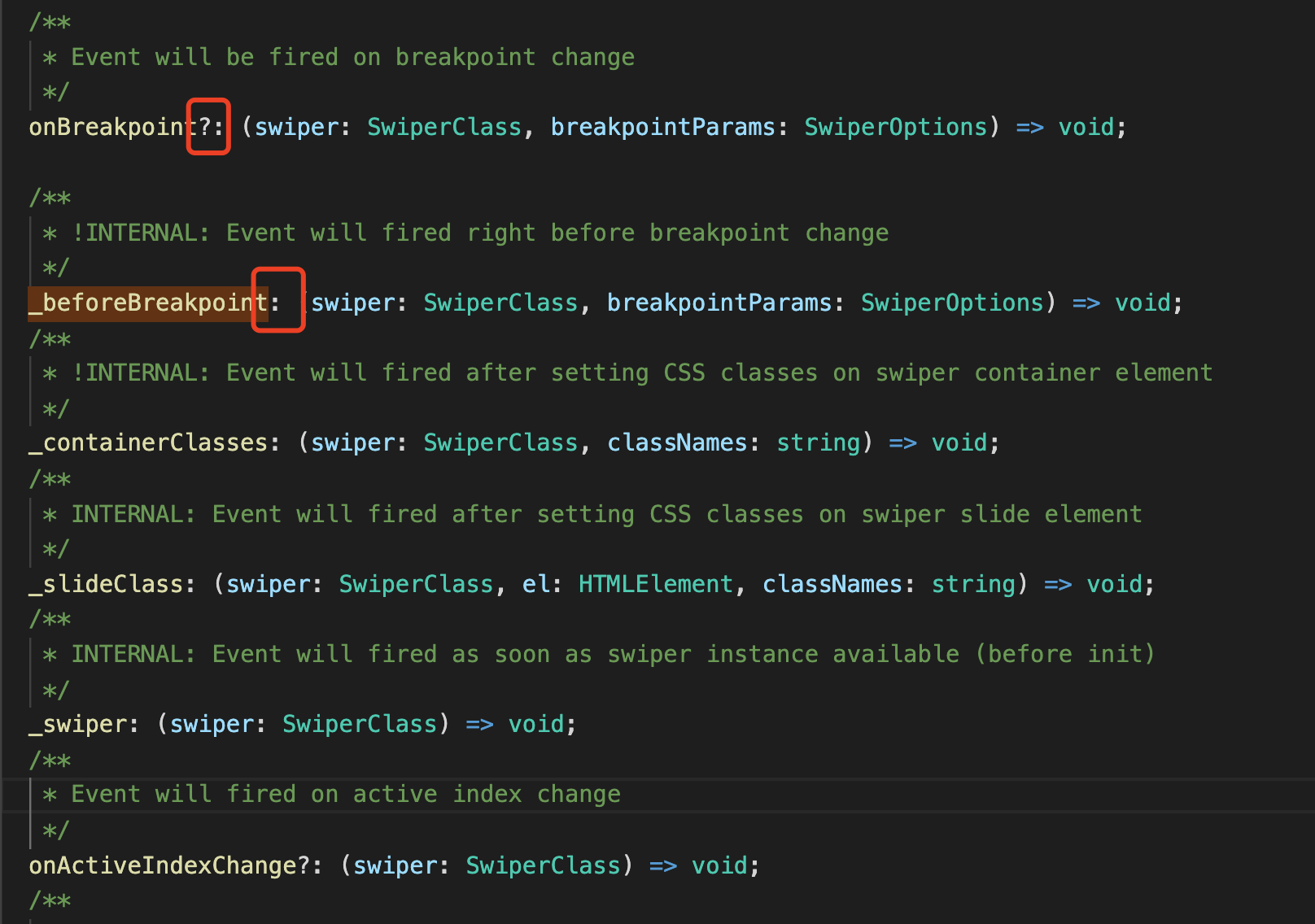 Internal SwiperOptions should be optional: _beforeBreakpoint, _containerClasses, _slideClass and ...
