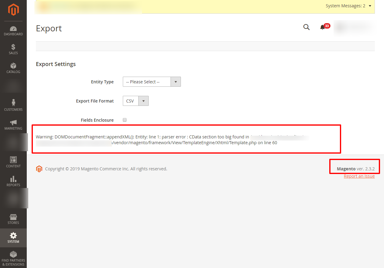 "CData section too big" on Export grid · Issue #24311 · magento/magento2 · GitHub
