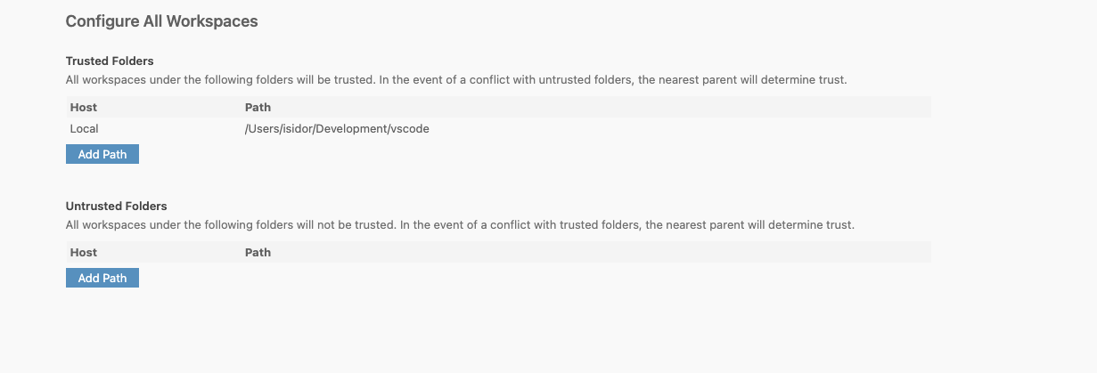"In the event of a conflict with untrusted folders, the nearest parent will determine trust ...