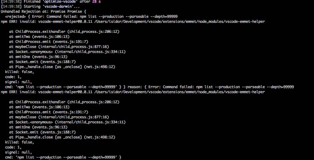 Gulp Vscode Darwin Fails Locally With Emmet Error · Issue 29854 · Microsoftvscode · Github