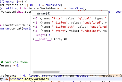 JavaScript: Undefined block scope values after 5th call to "debugger ...