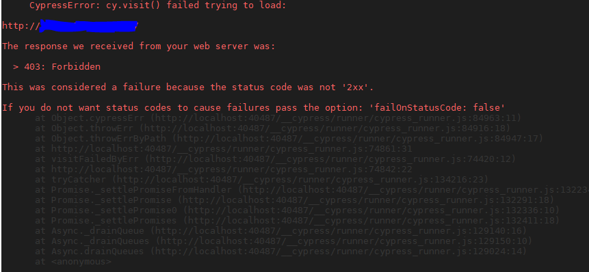 CypressError: cy.visit() failed trying to load: http://IP:port/something.action We attempted to ...