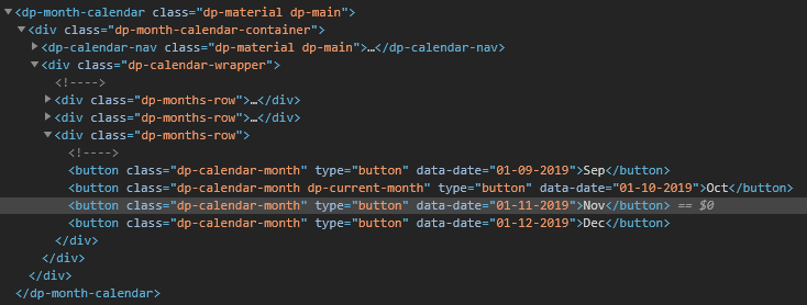 Selected month class (.dp-selected) not set · Issue #462 · vlio20/angular-datepicker · GitHub