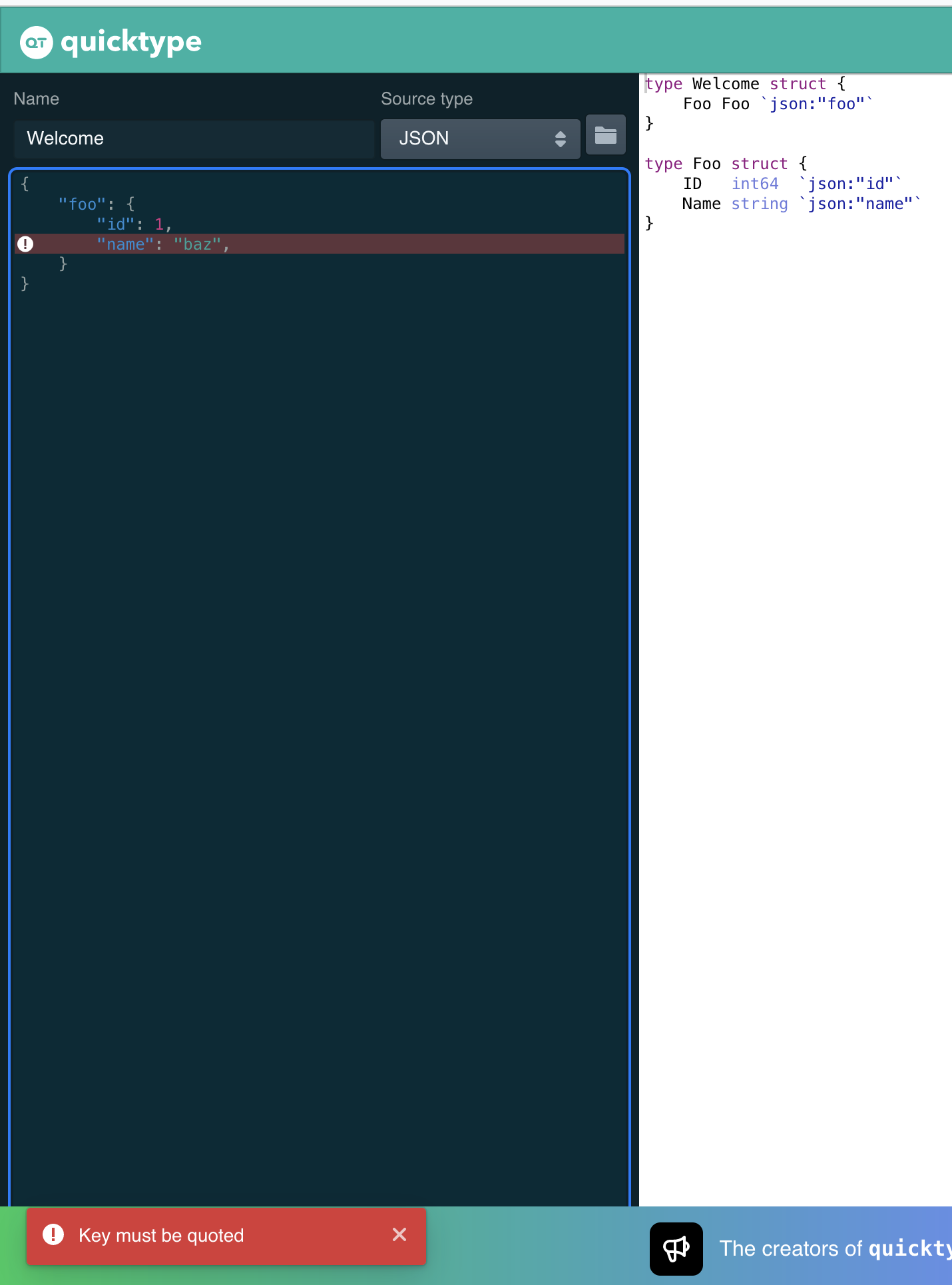 Key must be quoted | Wrong · Issue #1575 · glideapps/quicktype · GitHub