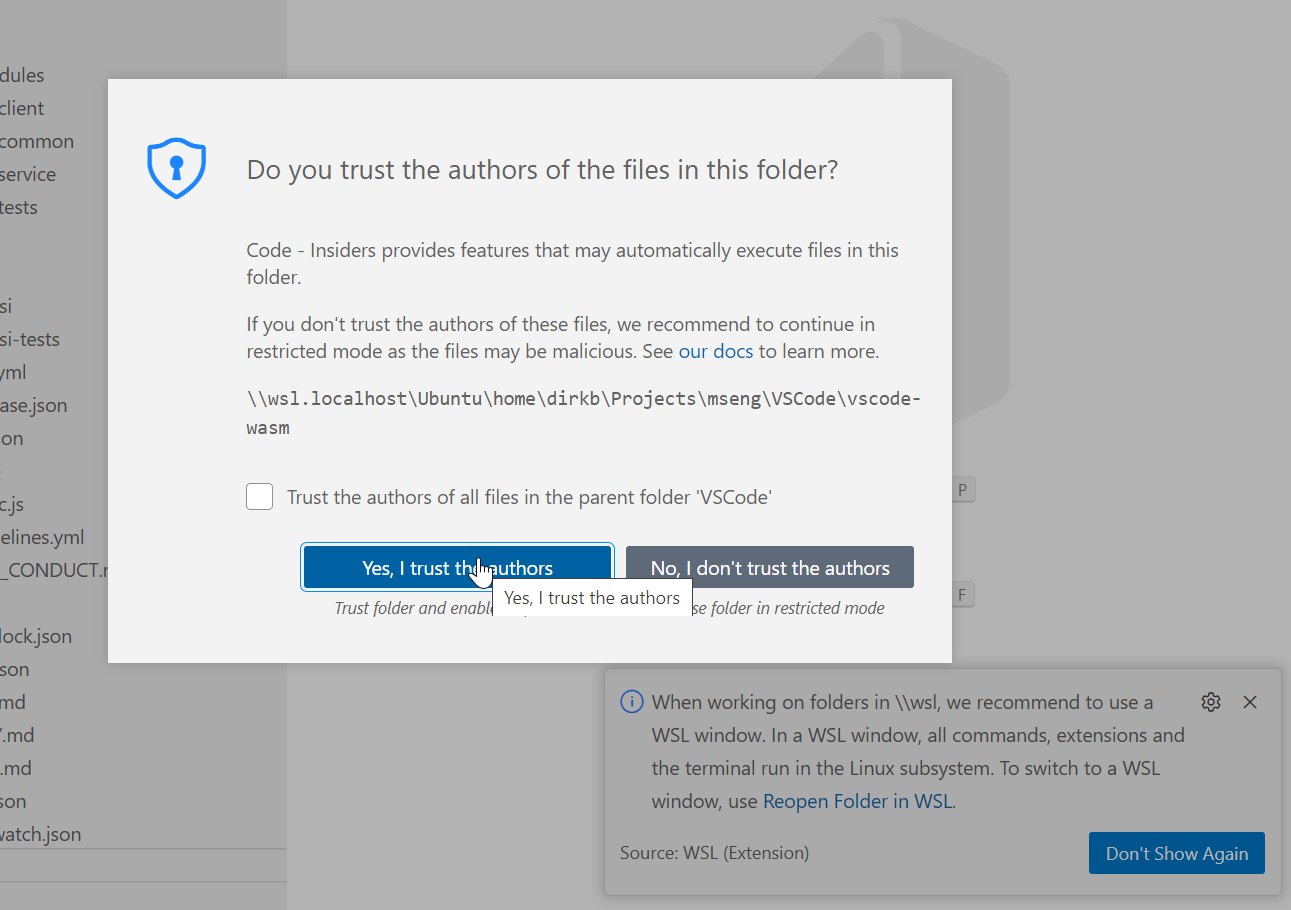 WSL ask be to trust every workspace agian, even those I had open before ...