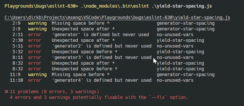 'yield-star-spacing' rule conflict · Issue #630 · microsoft/vscode ...