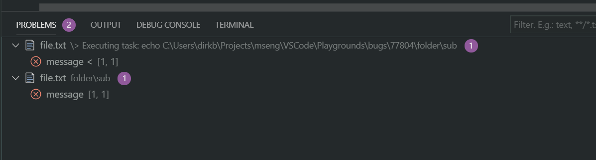 Problem matcher parses echo line · Issue #80107 · microsoft/vscode · GitHub