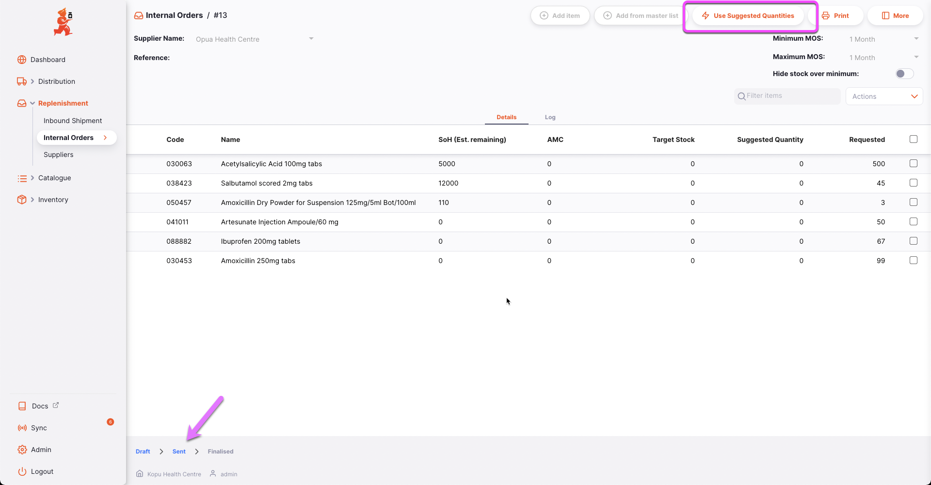 Can still click 'Use Suggested Quantities' button after an Internal Order has been sent · Issue ...