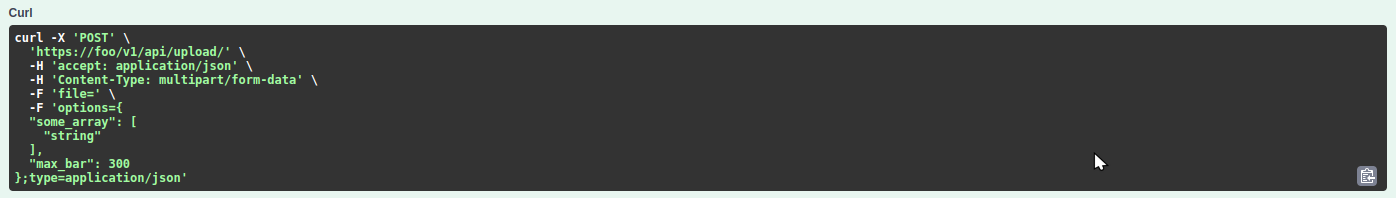 Generated CURL seems wrong for mime/multipart uploads that have JSON ...