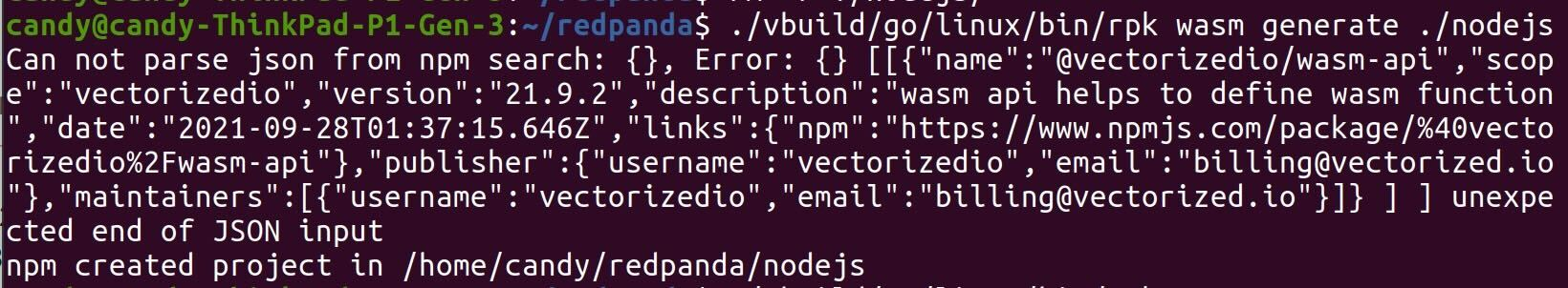 npm error when using "rpk wasm generate" · Issue #2527 · redpanda-data/redpanda · GitHub