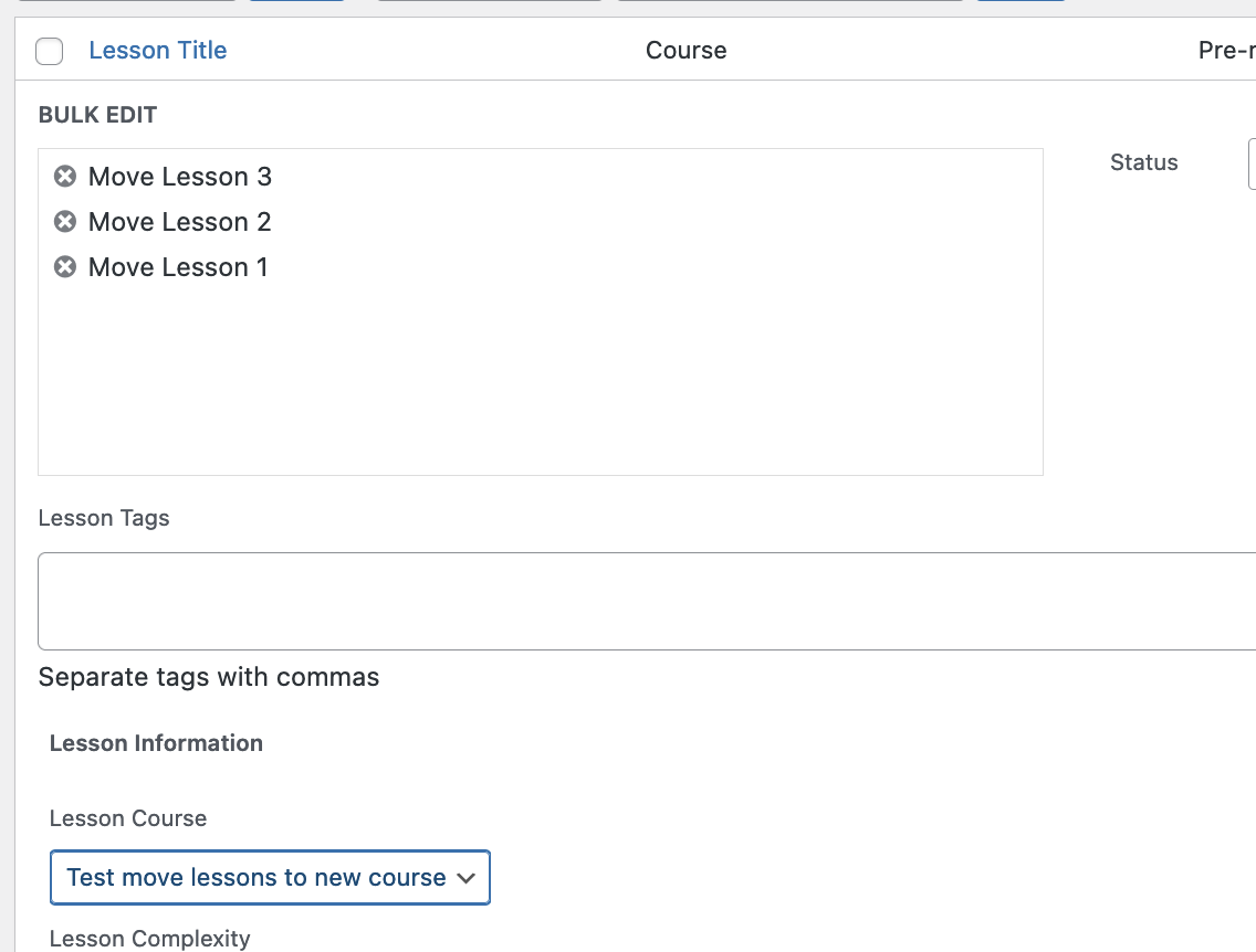 Bulk edit move lessons to new course not working · Issue #6499 · Automattic/sensei · GitHub
