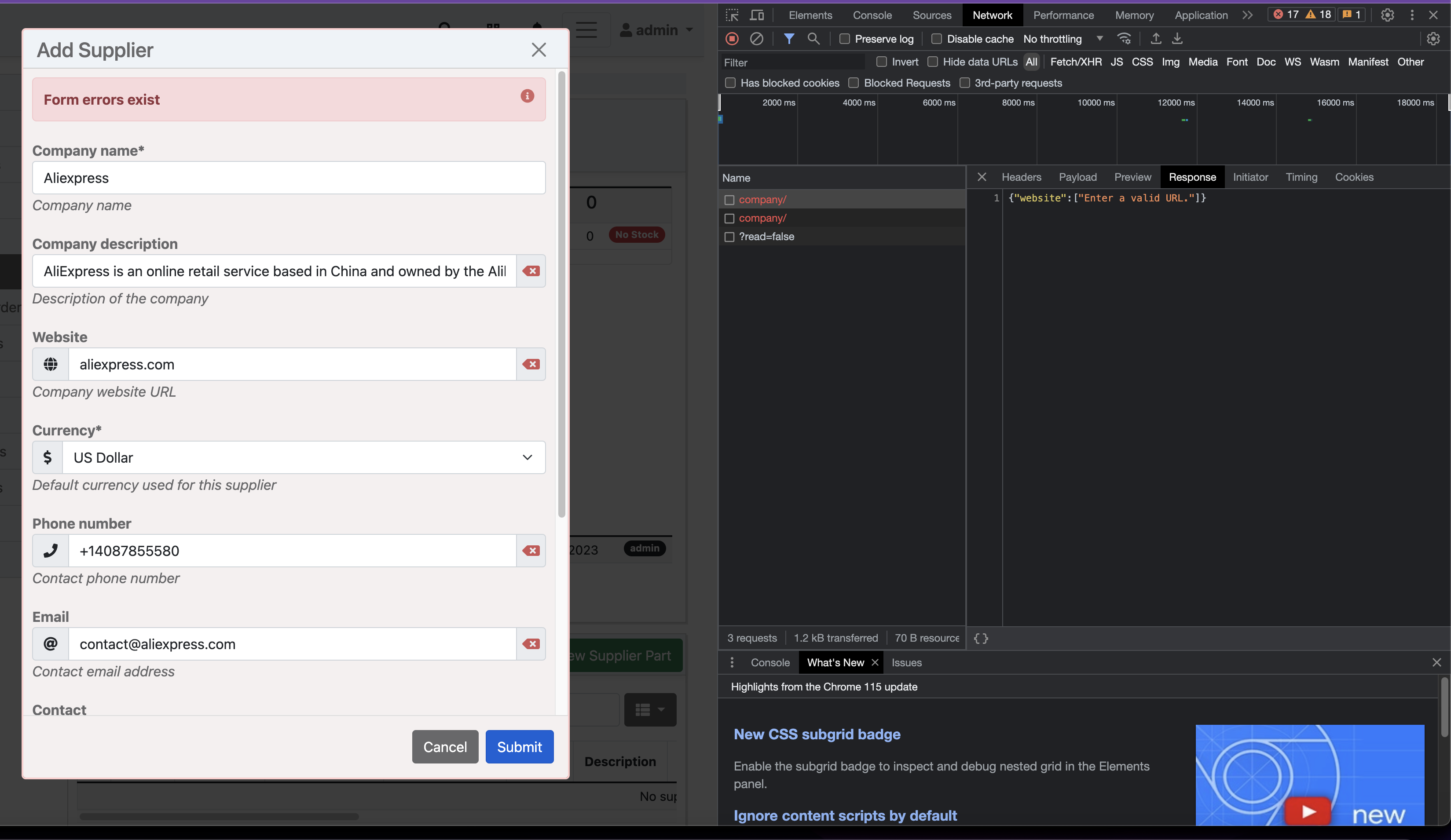 Adding supplier, error without information · Issue #5493 · inventree/InvenTree · GitHub