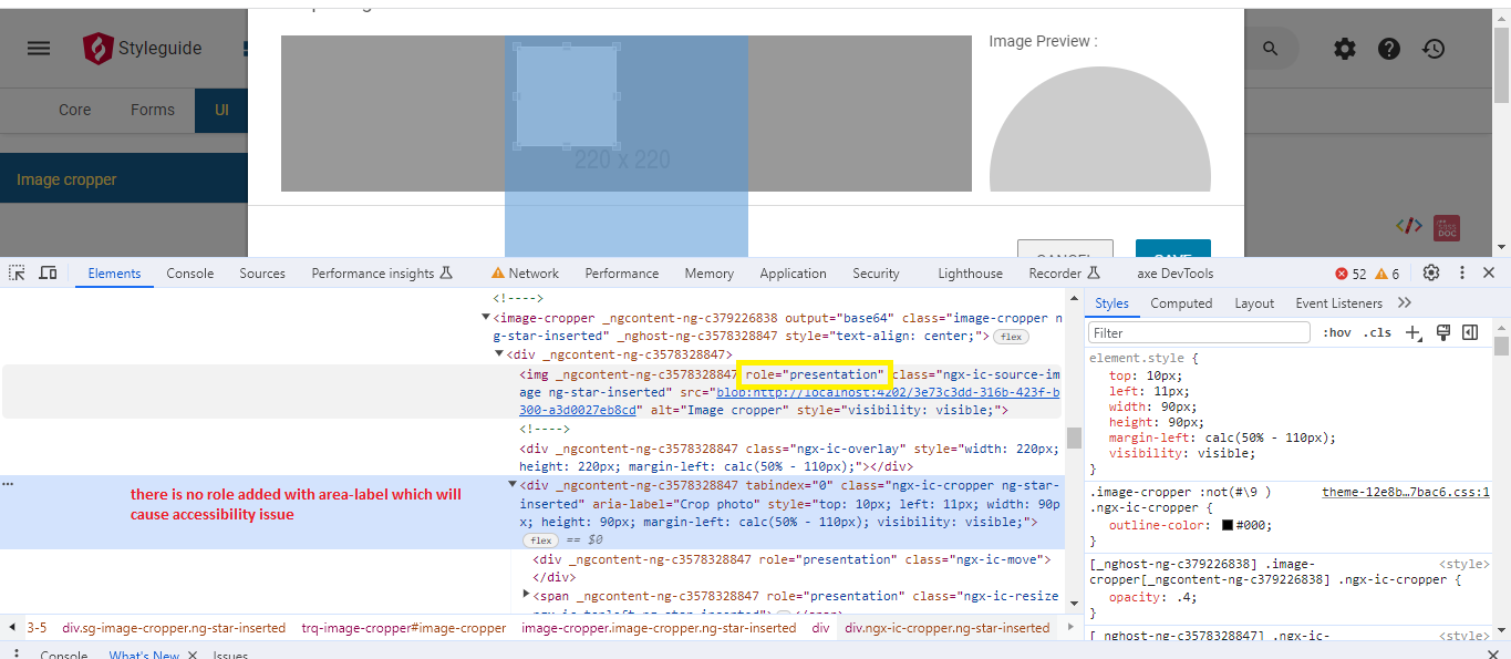 1. Incorrect role="presentation" on image, 2. there is no role ...