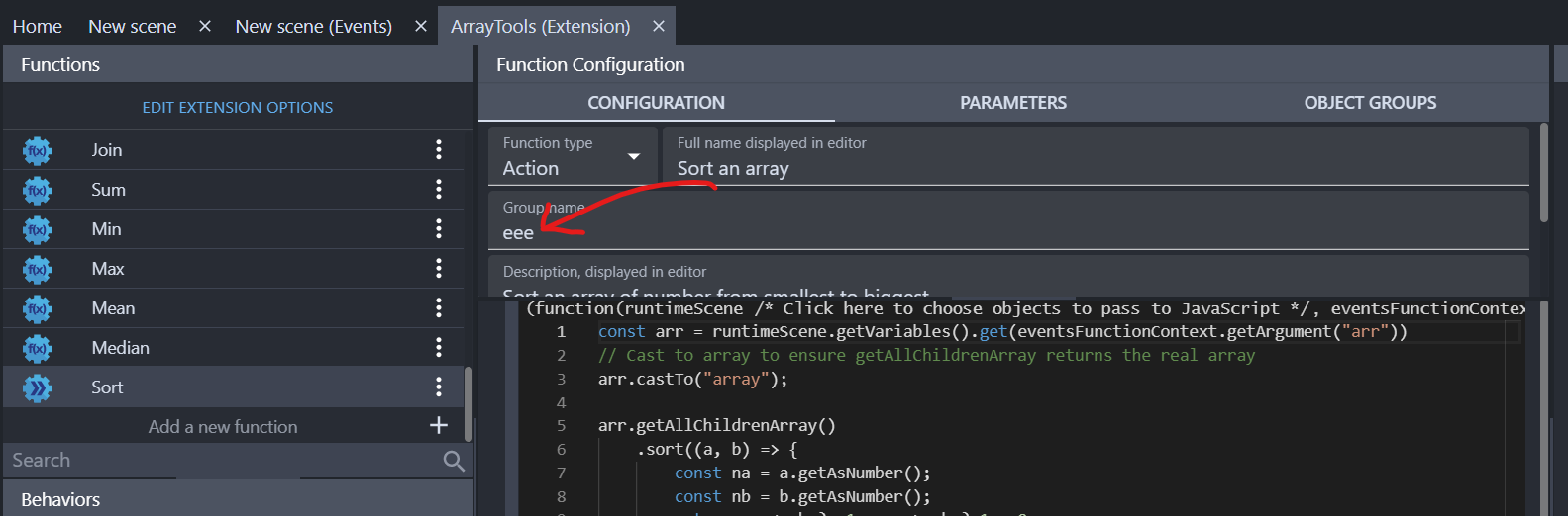 Groupe name of functions are not indented under the extension name · Issue #3600 · 4ian/GDevelop ...