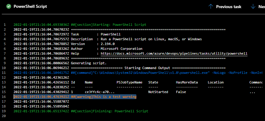 PowerShell Task option "Show warnings as Azure DevOps warnings" not working when raising ...