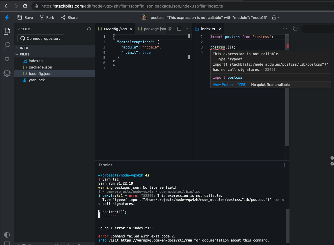"module": "node16" error: `This expression is not callable` · Issue #1814 · postcss/postcss · GitHub