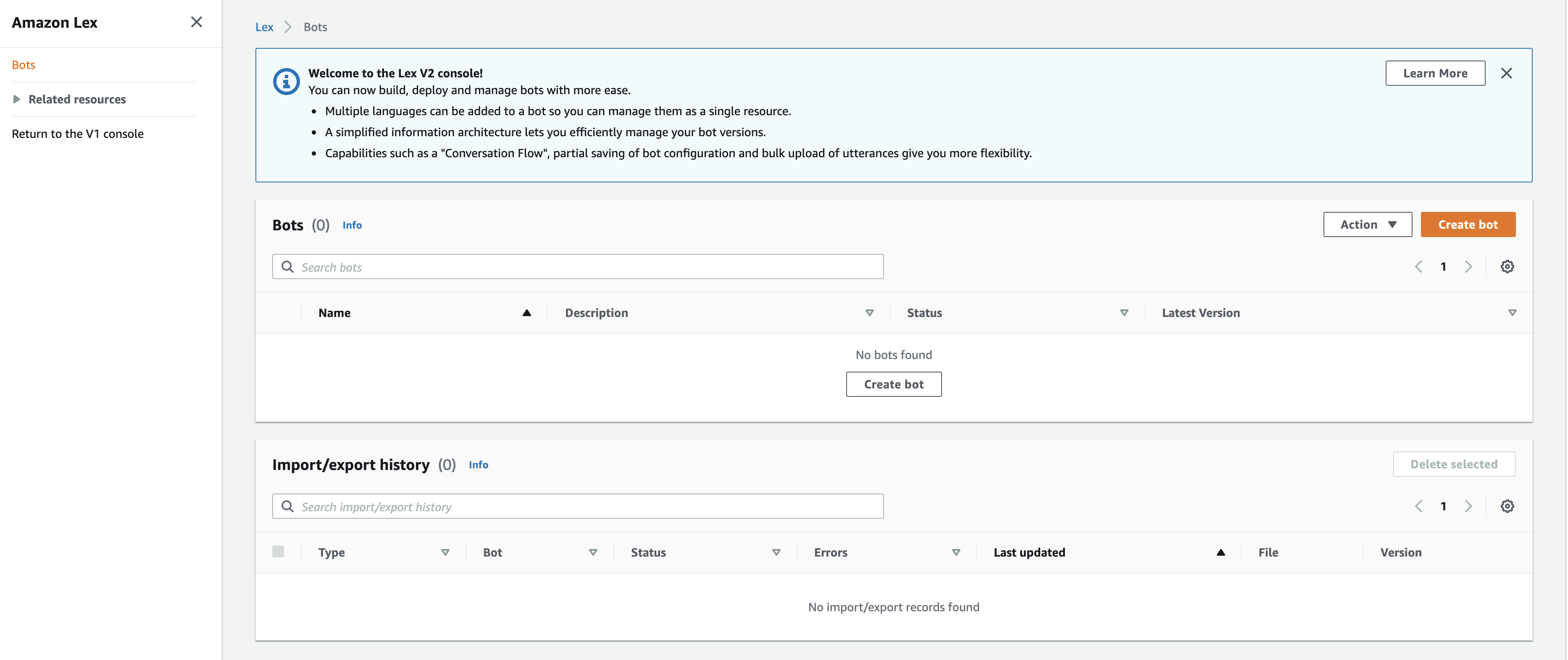 Support for Lex V2: Chatbots are not available in new console · Issue ...