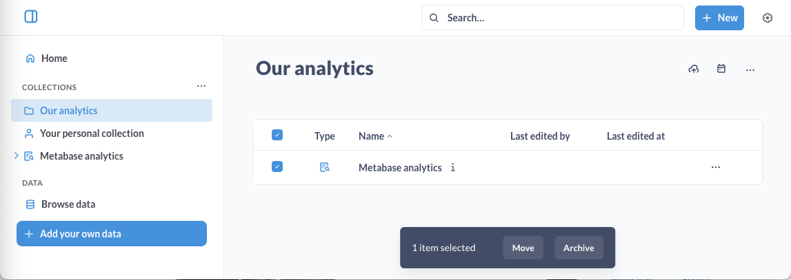 Can see move and archive buttons for metabase analytics collection in the root collection ...