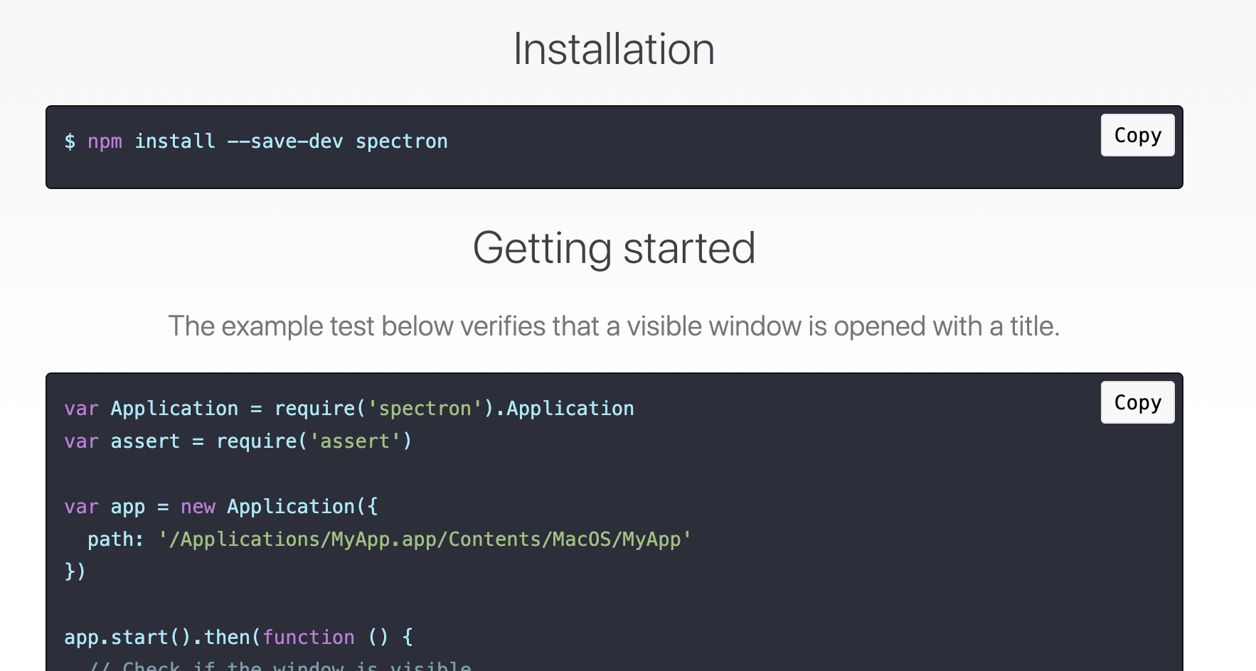 Add "Copy" button to code blocks at Spectron and Devtron pages · Issue #4617 · electron ...