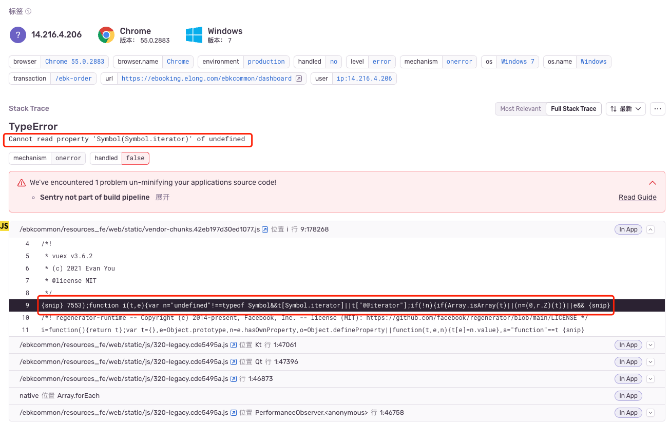 Sentry Vue Throw Error [cannot Read Property Symbol Symbol Iterator Of Undefined] · Issue