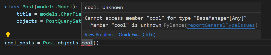 Bundled Django stub does not support custom model managers · Issue #14 · microsoft/pylance ...