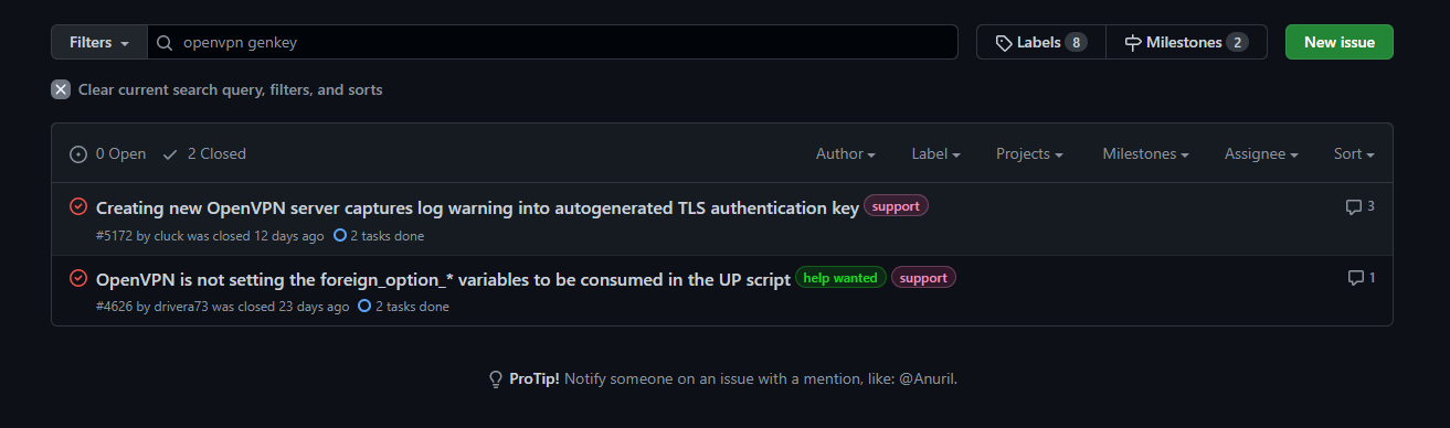 Creating new OpenVPN server captures log warning into autogenerated TLS authentication key ...