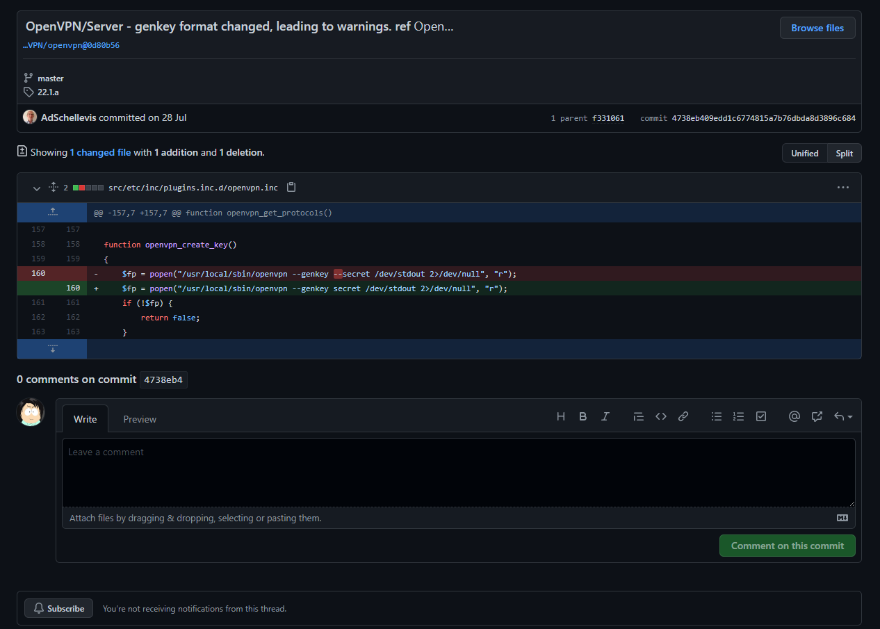 Creating new OpenVPN server captures log warning into autogenerated TLS authentication key ...