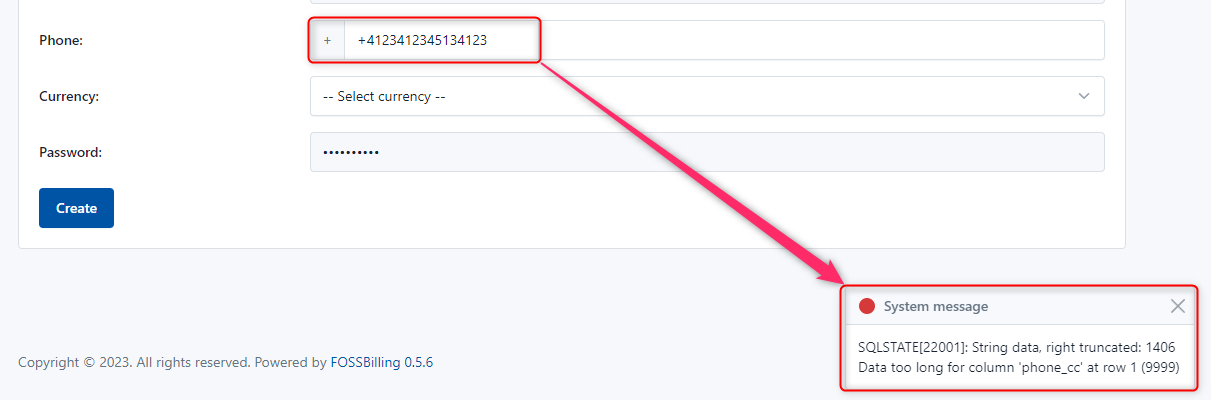 [Bug] Invalid validation of phone field leads to sql error · Issue #1718 · FOSSBilling ...