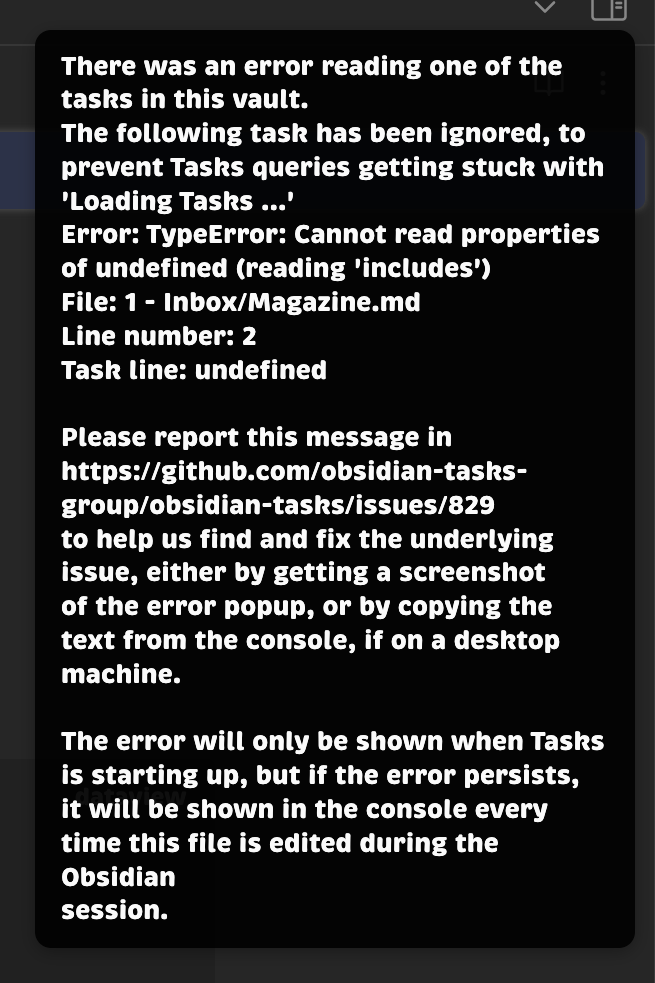 Obsidian Mobile: Queries stuck on "Loading Tasks ..." · Issue #829 · obsidian-tasks-group ...