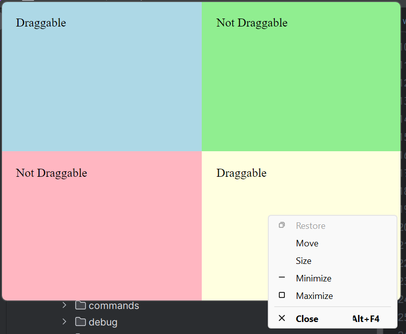 Right-clicking on an element with `app-region: drag` shows title bar ...