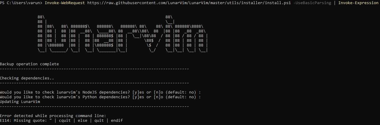 Windows installation fails · Issue #2616 · LunarVim/LunarVim · GitHub