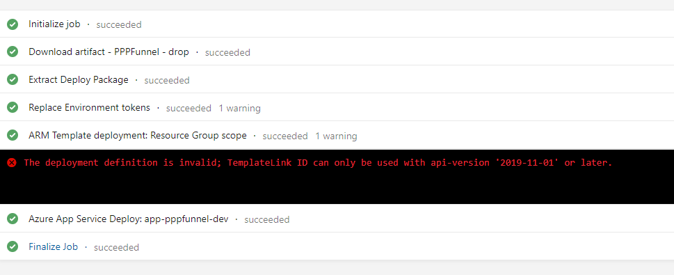 AzureResourceGroupDeployment@3 TemplateLink ID can only be used with api-version '2019-11-01' or ...