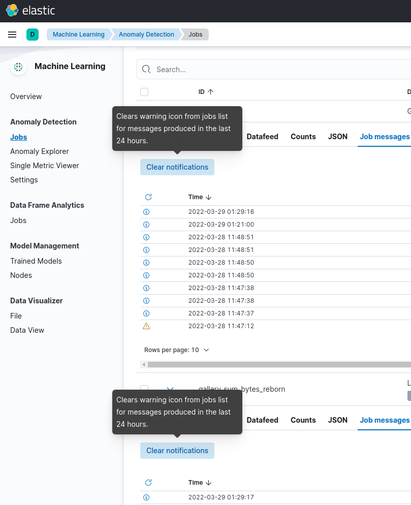 [ML] Anomaly detection job list - clear notifications button tooltip does not disappear · Issue ...