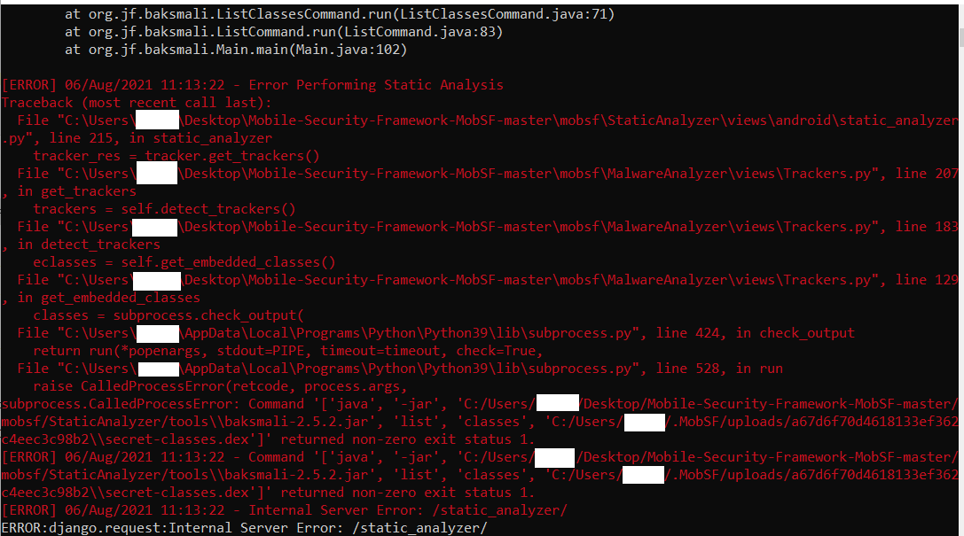 returned non-zero exit status 1. · Issue #1780 · MobSF/Mobile-Security-Framework-MobSF · GitHub