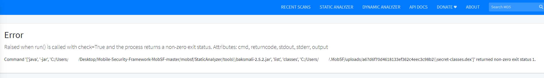 returned non-zero exit status 1. · Issue #1780 · MobSF/Mobile-Security-Framework-MobSF · GitHub