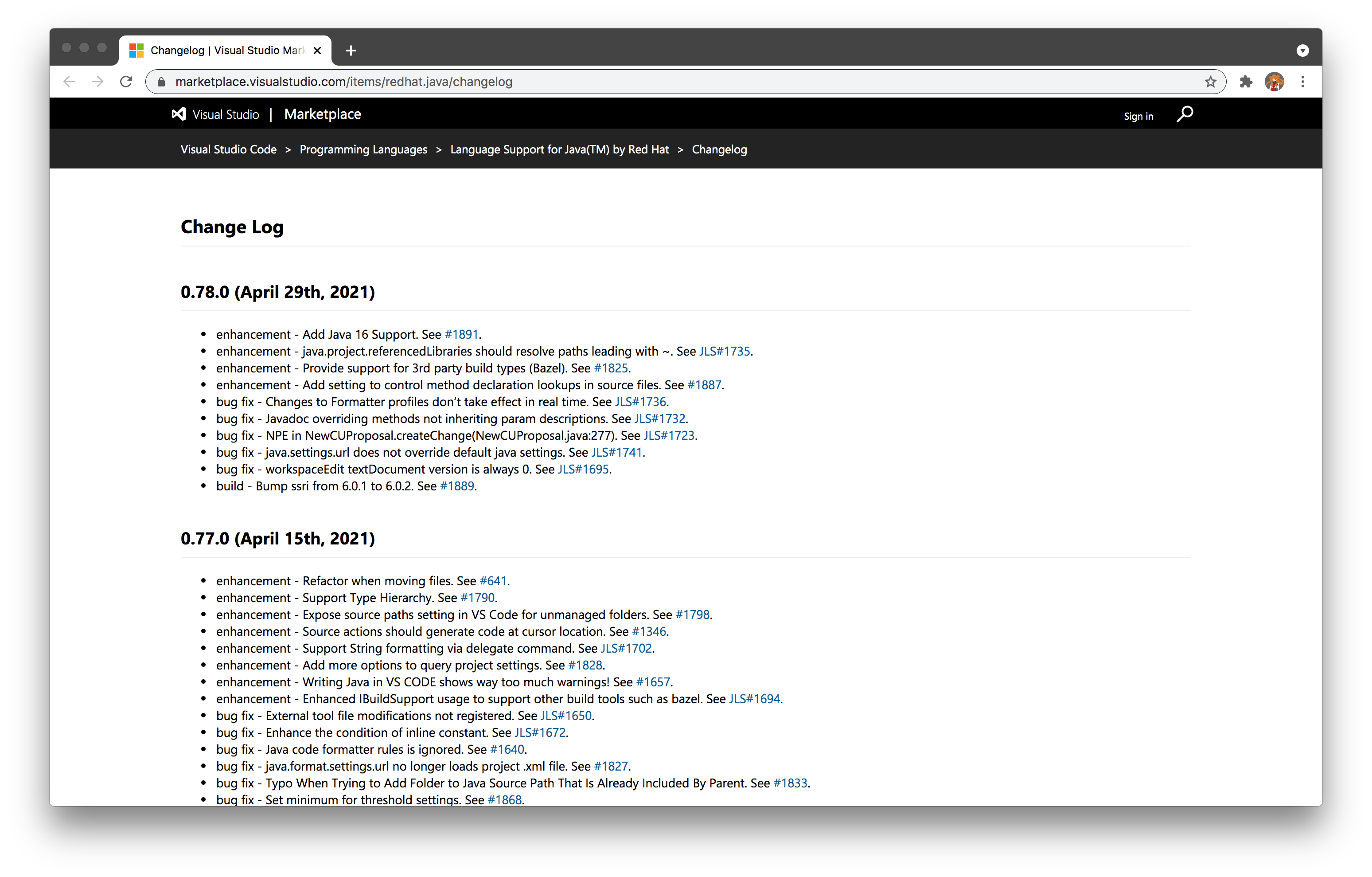 Extension in Visual Studio marketplace version 0.77.0 does not support JavaSE-16 · Issue #1900 ...