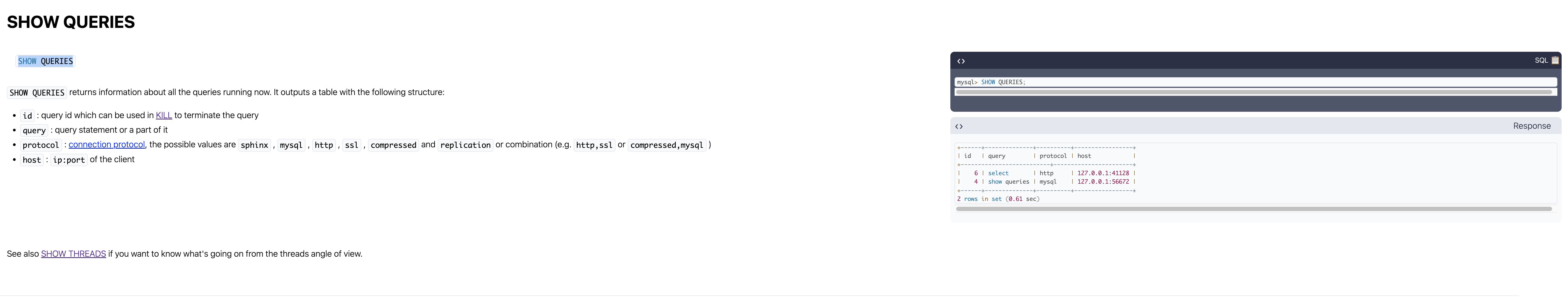Command "SHOW QUERIES" executed via MySQL Interface doesn't work · Issue #1115 ...