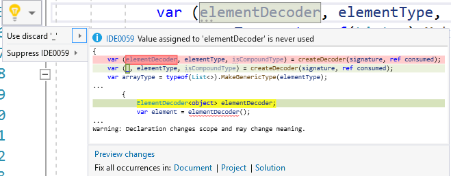 A variable from tuple deconstruction offers "Use discard" refactoring even when captured in a ...