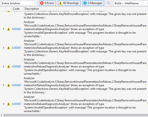 Two AD0001 (unreachable and KeyNotFoundException) from valid code in ...