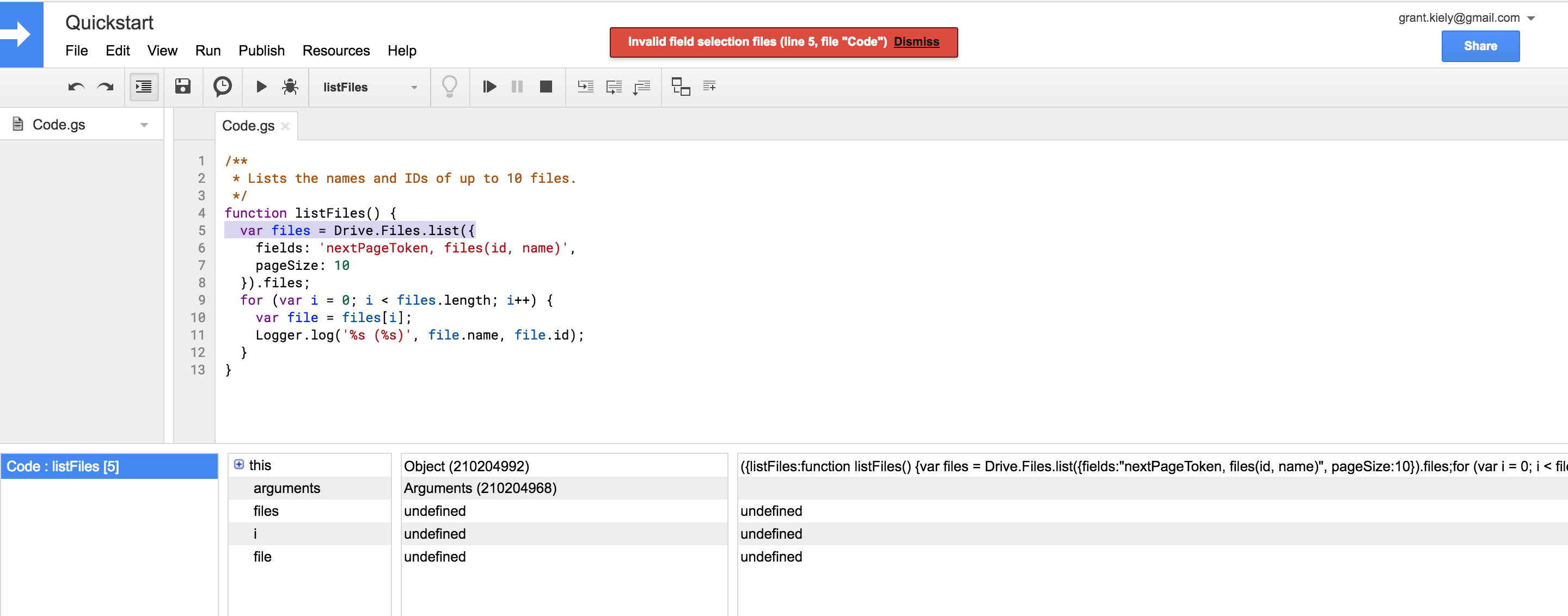 Invalid field selection files (line 5, file "Code") · Issue #57 · googleworkspace/apps-script ...